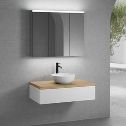 neoro n50 Unterschrank B: 100 cm mit 1 Auszug, Waschtisch &Oslash; 45 cm wei&szlig; matt, mit Spiegelschrank f&uuml;r die Schweiz,, BN0106WM+BN0413WM+BN0403W1+BN0487MI,