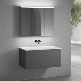 neoro n50 Unterschrank B: 100 cm mit 1 Auszug, Waschtisch ohne Hahnloch wei&szlig; matt, mit Spiegelschrank f&uuml;r die Schweiz,, BN0097WM+BN0433GR+BN0487MI,