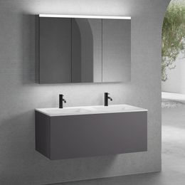 neoro n50 Unterschrank B: 120 cm mit 1 Auszug, Doppelwaschtisch mit 2 Hahnl&ouml;chern wei&szlig; matt, mit Spiegelschrank f&uuml;r die Schweiz,,