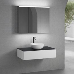 neoro n50 Unterschrank B: 100 cm mit 1 Auszug, Waschtisch &Oslash; 45 cm wei&szlig; matt, mit Spiegelschrank f&uuml;r die Schweiz,, BN0106WM+BN0413WM+BN0403BM+BN0487MI,