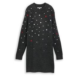 Minikleid Tom Tailor DENIM, Damen, Gr. M, N-Gr, grau wei&szlig; dots and hearts, Strick, Obermaterial: 79% Polyacryl, 18% Polyester, 3% Elasthan, bestickt, regular fit knielang, Rippb&uuml;ndchen, Kleider Minikleid, mit Stickereien
