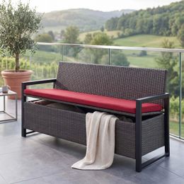 Poly-Rattan 3er Sitzbank MCW-F39, Gartenbank Truhenbank, Staufach Aufbewahrung Sitzkissen ~ grau, Kissen bordeaux