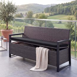 Poly-Rattan 3er Sitzbank MCW-F39, Gartenbank Truhenbank, Staufach Aufbewahrung Sitzkissen ~ grau, Kissen schwarz