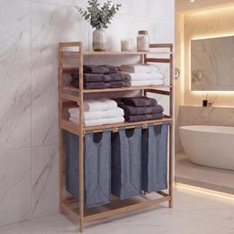 Bambus W&auml;schesammler MCW-P78, W&auml;schesortierer W&auml;schekorb Regal W&auml;scheorganizer, 3 Ablagen MVG 125x80x40cm 135L ~ grau