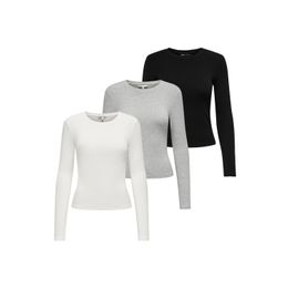 Longsleeve Only "Longsleeve ONLRILEY O-NECK TOP 3P 3er Pack", Damen, Gr. S, bunt (schwarz, ecru, grau), Obermaterial: 96% Baumwolle CO. 4% Elasthan EL., Shirts