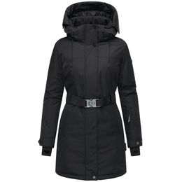 Wintermantel Navahoo "Frostkuss 14", Damen, Gr. L (40), schwarz, Obermaterial: 100% Polyester. Innenfutter: 100% Polyester. Wattierung: 100% Polyester. &Auml;rmelfutter: 100% Polyester, figurumspielend ca. Mitte Oberschenkel, hoch geschlossener Ausschnitt, &Auml;rmel ohne &Auml;rmelschlitz B&uuml;ndchen mit Daumenl&ouml;chern, M&auml;ntel Wintermantel, Warmer Damen Mantel mit abnehmbarer Kapuze und Tailleng&uuml;rtel