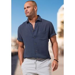Beach Time Kurzarmhemd BEACHTIME "Regular fit", Herren, Gr. S (37/38), N-Gr, dunkelblau, Web, Obermaterial: 100% Baumwolle, unifarben, regular fit, Rundhals, abgesteppte Kante, Hemden, Kurzarm, Freizeithemd aus Musselin-Ware