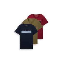 Tom Tailor Denim Herren T-Shirt mit Print im 3er-Pack, gr&uuml;n, Uni, Gr. M