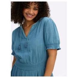 Sommerkleid sheego "Kleid", Damen, Gr. 42, Normalgr&ouml;&szlig;en, blau (topas, ozean), 100% Baumwolle, unifarben, knielang, Rundhals, Kleider Sommerkleid