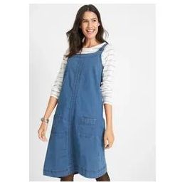 Jeanskleid bonprix, Damen, Gr. 56, N-Gr, blau denim, Denim/Jeans, Obermaterial: 98% Baumwolle, 2% Elasthan, A-Linie knieumspielend, Kleider, Latzkleid mit verstellbaren Tr&auml;gern, aufgesetzte Taschen