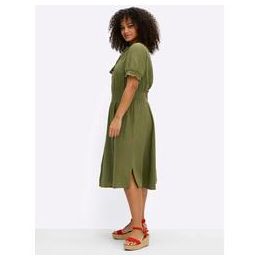 Sommerkleid sheego "Kleid", Damen, Gr. 42, Normalgr&ouml;&szlig;en, gr&uuml;n (oliv, limone), 100% Baumwolle, unifarben, knielang, Rundhals, Kleider Sommerkleid