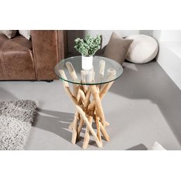 Riess Ambiente Design Beistelltisch DRIFTWOOD 40cm Teakholz mit Glasplatte rund Couchtisch Riess-Ambiente Sofatisch Wohnzimmertisch Rustikal Natur Upcycling Maritim