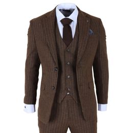 Brauner 3-teiliger Slim Fit-Anzug f&uuml;r Herren mit Nadelstreifen