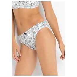 Slip bonprix, Damen, Gr. 40/42 (M), 3 Stk., indigo, wei&szlig; gebl&uuml;mt, wei&szlig;, indigo, Jersey, Obermaterial: 95% Baumwolle, 5% Elasthan, bedruckt, unifarben, figurbetont, Unterhosen Slip, unifarben und bedruckt, mit kleinem Schleifendetail