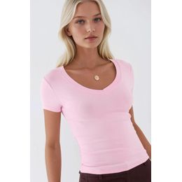 Elastisches V-Ausschnitt Kurzarm-T-Shirt
