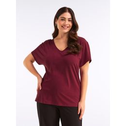 T-Shirt sheego "Halbarmshirt", Damen, Gr. 44/46, bordeaux, 95% Viskose, 5% Elasthan, unifarben, V-Ausschnitt, Shirts T-Shirt