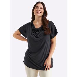 T-Shirt sheego "Kurzarm-Shirt", Damen, Gr. 48/50, schwarz, 95% Viskose, 5% Elasthan, unifarben, Wasserfallausschnitt, Shirts T-Shirt
