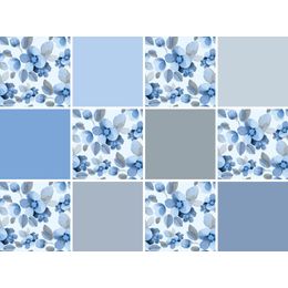 Fliesenaufkleber queence "Blumen", blau (blau, grau), B:15cm H:15cm T:0,1cm, Fliesenaufkleber, Stickerfliesen, selbstklebend, Sticker, 12er Set