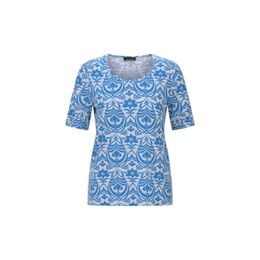 Kurzarmshirt GOLDNER "Kurzgr&ouml;&szlig;e Viskoseshirt mit femininem Ornamentmuster", Damen, Gr. 19, blau (blau, wei&szlig;, gemustert), Obermaterial: 95% Viskose CV. 5% Elasthan EL., Modisch, Gerade, Shirts, stretchbequemer Viskosejersey