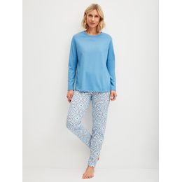 Schlafanzug Calida "Cotton Special", Damen, Gr. L (48/50), blau (riviera blau), Single Jersey, Obermaterial: 100% Baumwolle, gemustert, unifarben, bequem lang, Rundhals, gerader Abschluss, Homewear-Sets Schlafanzug, Langarm, bequem, Baumwolle, Rundhals-Ausschnitt