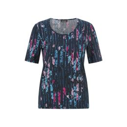 Kurzarmshirt GOLDNER "Kurzgr&ouml;&szlig;e Viskoseshirt mit Bl&uuml;ten und L&auml;ngsstreifen", Damen, Gr. 24, grau (anthrazit, t&uuml;rkis, pink, gemustert), Obermaterial: 95% Viskose CV. 5% Elasthan EL., Modisch, Gerade, Shirts, stretchbequemer Viskosejersey