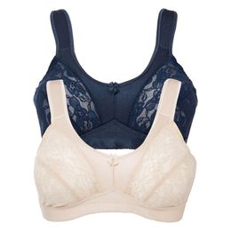 Entlastungs-BH bonprix, Damen, Gr. 80, Cup F, blau (dunkelblau, sandbeige), Obermaterial: 84% Polyamid, 16% Elasthan. Futter: 100% Polyamid. Spitze: 100% Polyamid, unifarben, BHs Entlastungs-BH, mit gepolsterten Tr&auml;gern, ohne B&uuml;gel, mit Haken & &Ouml;sen Verschluss