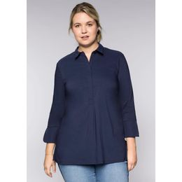 Longbluse sheego, Damen, Gr. 46, blau (marine), 70% Baumwolle, 27% Polyamid, 3% Elasthan, unifarben, Blusen Longbluse