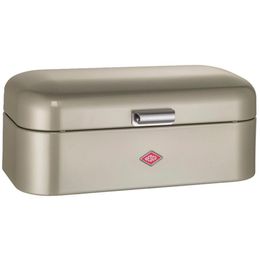 Brotkasten Wesco "Grandy - Brotdose", silber (neusilber), B:25,5cm H:16,5cm L:41cm, Stahlblech, Lebensmittelaufbewahrungsbeh&auml;lter, Brotkasten, L&uuml;ftungsl&ouml;cher auf der R&uuml;ckseite, Metallschaniere
