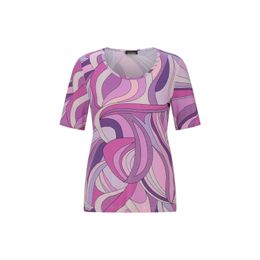 Kurzarmshirt GOLDNER "Kurzgr&ouml;&szlig;e Viskoseshirt mit kunstvollem All-over-Print", Damen, Gr. 19, lila (flieder, gemustert), Obermaterial: 95% Viskose CV. 5% Elasthan EL., Modisch, Gerade, Shirts, stretchbequemer Jersey