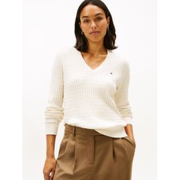 V-Ausschnitt-Pullover Tommy Hilfiger "CO CABLE V-NK LS SWT", Damen, Gr. XXL (44), wei&szlig; (ivory petal), Strick, Obermaterial: 100% Baumwolle, meliert, normal kurz, V-Ausschnitt, Rippstrickb&uuml;ndchen, Pullover, mit Zopfmuster, Logostickerei