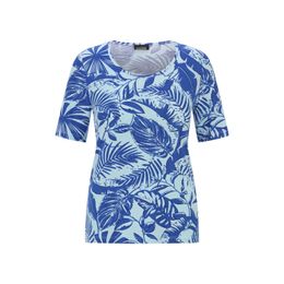 Kurzarmshirt GOLDNER "Kurzgr&ouml;&szlig;e Viskoseshirt mit grafischem Bl&auml;ttermuster", Damen, Gr. 19, blau (blau, hellblau, gemustert), Obermaterial: 95% Viskose CV. 5% Elasthan EL., Modisch, Gerade, Shirts, stretchbequemer Viskosejersey
