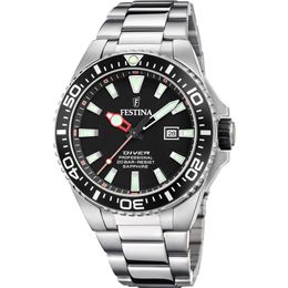 Taucheruhr Festina "Diver Collection", silber (silberfarben, schwarz), Armbanduhren, Herren, Armbanduhr, Quarzuhr, Herrenuhr, Edelstahlarmband, Datum, Saphirglas