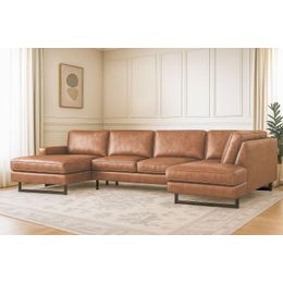 Wohnlandschaft Home Affaire "Pinto, 350 cm, U-Form, XXL, mit Ottomanen", braun (cognac), B:350cm H:85cm T:206cm, Luxus-Microfaser in Lederoptik (100% Polyester);Cord (92% Polyester, 8% Polyamide), Sofas, Wohnlandschaft, Cord, Chenille, Lederoptik, mit Keder, Metallf&uuml;&szlig;e, Wellenunterfederung