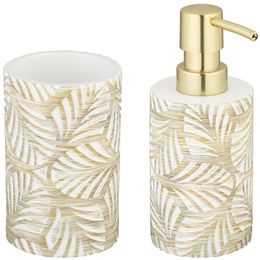 Badaccessoire-Set Wenko "Modell Terralba", wei&szlig;, strukturiert, Kunststoff, Polyresin (Kunststein), Badaccessoires-Sets, Seifenspender und Zahnb&uuml;rstenhalter aus Polyresin, Bl&auml;tter-Struktur