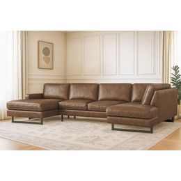 Wohnlandschaft Home Affaire "Pinto, 350 cm, U-Form, XXL, mit Ottomanen", braun, B:350cm H:85cm T:206cm, Luxus-Microfaser in Lederoptik (100% Polyester);Cord (92% Polyester, 8% Polyamide), Sofas, Wohnlandschaft, Cord, Chenille, Lederoptik, mit Keder, Metallf&uuml;&szlig;e, Wellenunterfederung