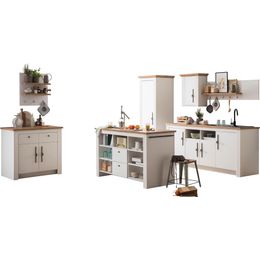 K&uuml;che OTTO HOME "KS-Westminster", wei&szlig; (k&uuml;che: wei&szlig;, korpus: pinie wei&szlig;, arbeitsplatte: eiche wotanfarben), B:366cm T:60cm, Komplettk&uuml;chen-Sets, Breite 366 cm, ohne E-Ger&auml;te