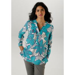 Schlupfbluse Aniston SELECTED, Damen, Gr. 40, blau (petrol, sanftes wei&szlig;, blau, camel), Web, Obermaterial: 100% Viskose, bedruckt, gebl&uuml;mt, gemustert, l&auml;ssig geschnitten h&uuml;ftbedeckend, V-Ausschnitt, 1-Knopf-Manschette, Blusen Schlupfbluse, mit malerischen Bl&uuml;tendruck