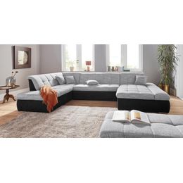 Wohnlandschaft DOMO collection "PB MORIC wahlweise mit Bettfunktion und Armteilverstellung U-Form", silber (schwarz, silber), B:353cm H:80cm T:95cm, Zierkissen: Struktur (90% Polyester, 10% Polyacryl);Microfaser PRIMABELLE (100% Polyester) / Struktur (90% Polyester, 10% Polyacryl);Kunstleder SOFTLUX / Struktur (90% Polyester, 10% Polyacryl), Sofas, Wohnlandschaft, XXL-Format B/T/H: 353/216/80 cm, 