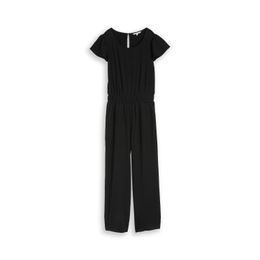 Tom Tailor Denim Damen Crinkle Jumpsuit mit R&uuml;schen&auml;rmeln, schwarz, Uni, Gr. XL