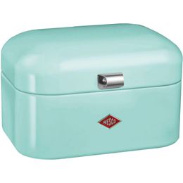 Brotkasten Wesco "Single Grandy - Brotdose", gr&uuml;n (mint), B:26,8cm H:17,5cm L:22cm, Stahlblech, Lebensmittelaufbewahrungsbeh&auml;lter, Brotkasten, L&uuml;ftungsl&ouml;cher auf der R&uuml;ckseite, Metallschaniere
