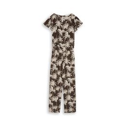 Tom Tailor Denim Damen Crinkle Jumpsuit mit R&uuml;schen&auml;rmeln, braun, Gemustert, Gr. XL