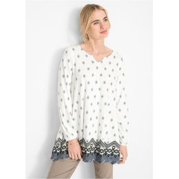 Tunikashirt bonprix "Shirt-Tunika aus Baumwoll-Viskose-Mix", Damen, Gr. 44/46 (L), wei&szlig; (wollwei&szlig; graphisch bedruckt), Obermaterial: 50% Baumwolle, 50% Viskose, A-Linie, Shirts, A-Linie Passform, extra weite Schnittf&uuml;hrung, Casual Stil