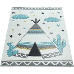 Kinderteppich Paco Home "Ela 215", beige (creme), B:133cm H:16mm L:133cm, Polypropylen, Teppiche, Kinderteppich, Kurzflor, 3D-Design, Motiv Zelt, Wolken & Sterne, Kinderzimmer