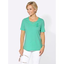 Kurzarmshirt Classic Basics "Shirt", Damen, Gr. 38, blau (blaugr&uuml;n), 50% Baumwolle, 50% Modal, unifarben, V-Ausschnitt, Shirts