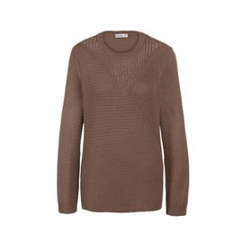 Strickpullover GOLDNER "Eleganter Glanzpullover, Ajourmuster", Damen, Gr. 42, beige (taupe), Obermaterial: 72% Polyacryl PAN. 27% Baumwolle CO. 1% metallisierte Fasern MTF., weit Rippe, Pullover Strickpullover, Interessante Strickoptik mit Ajourmuster