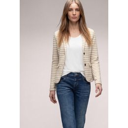 Sweatblazer Street One, Damen, Gr. 38, beige (clay sand), Jersey, 52% Polyester, 33% Baumwolle, 12% Viskose, 3% Elasthan, gestreift, normal normal, V-Ausschnitt, B&uuml;ndchen, Blazer, mit Reverskragen