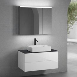 neoro n50 Unterschrank B: 100 cm mit 2 Ausz&uuml;gen, Waschtisch B: 58 cm wei&szlig; matt, mit Spiegelschrank,, BN0065WM+BN0423WH+BN0403BM+BN0474MI,