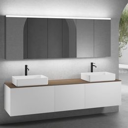 neoro n50 M&ouml;belanlage B: 220 cm mit 3 Ausz&uuml;gen, 2 Waschtische B: 58 cm wei&szlig; matt, mit Spiegelschrank f&uuml;r die Schweiz,,