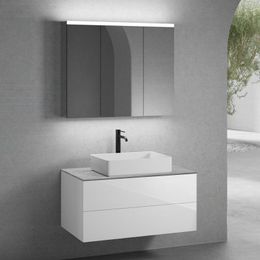 neoro n50 Unterschrank B: 100 cm mit 2 Ausz&uuml;gen, Waschtisch B: 58 cm wei&szlig; matt, mit Spiegelschrank,, BN0065WM+BN0423WH+BN0403C3+BN0474MI,