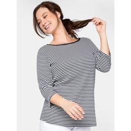 3/4-Arm-Shirt sheego "3/4-Arm-Shirt", Damen, Gr. 44/46, blau (marine), 100% Baumwolle, gemustert, mehrfarbig, Rundhals, Shirts 3/4-Arm-Shirt